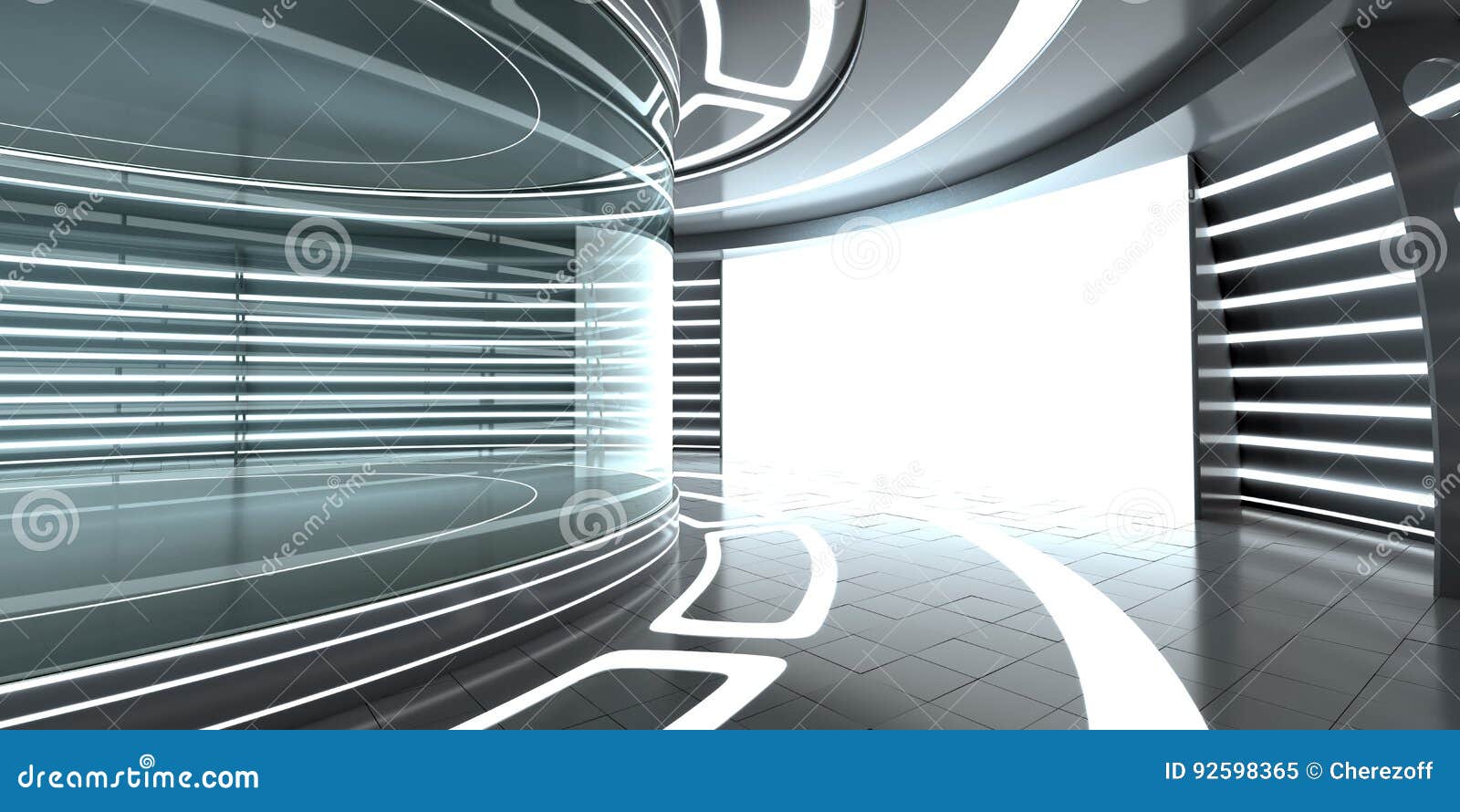 Futuristic Interior with Glass Showcase and Panel Stock Illustration ...