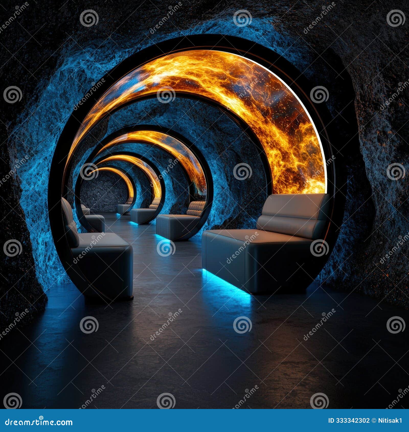 Futuristic Interior with Glowing Circular Designs and Modern Seating ...