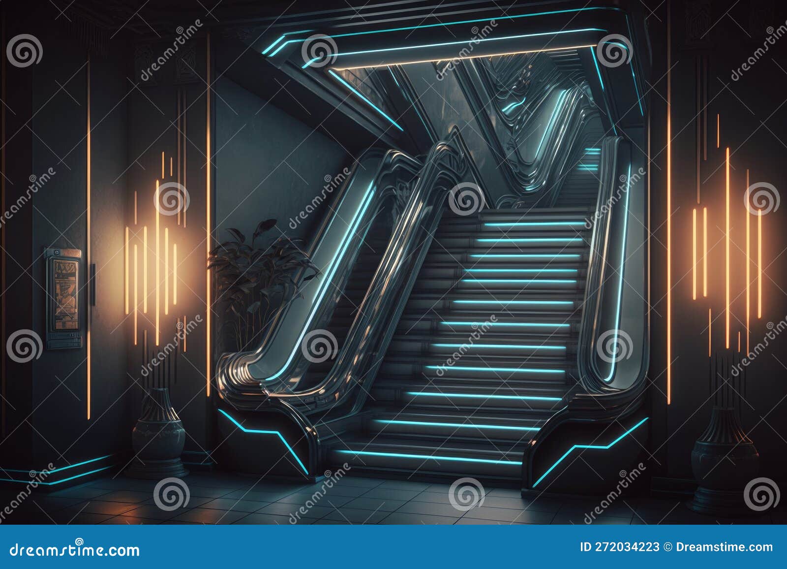Futuristic Interior with Glowing Neon Stairs. Generative AI Stock ...