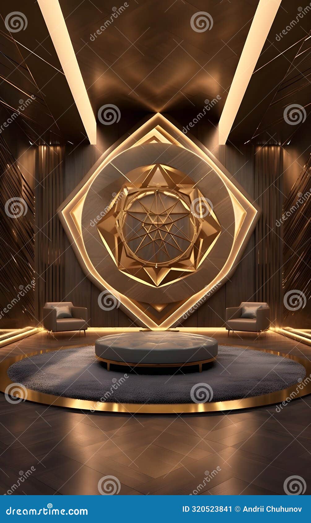 Futuristic Interior with Golden Geometric Centerpiece Elegance Stock ...