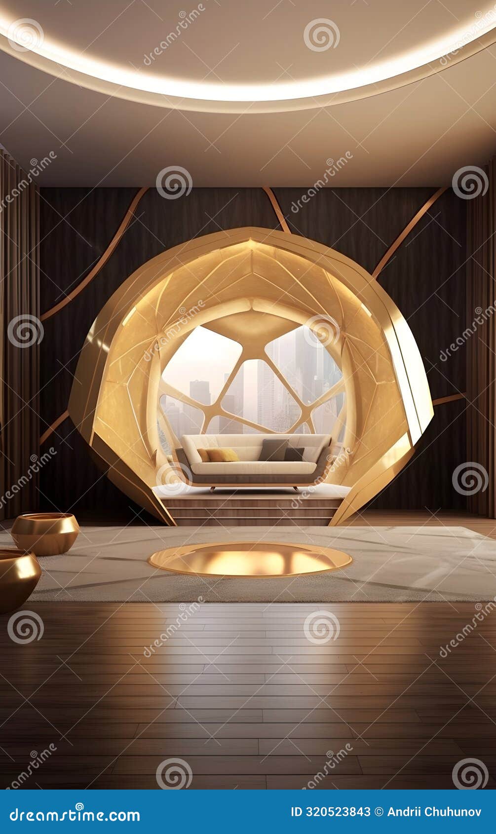 Futuristic Interior with Golden Geometric Centerpiece Elegance Stock ...