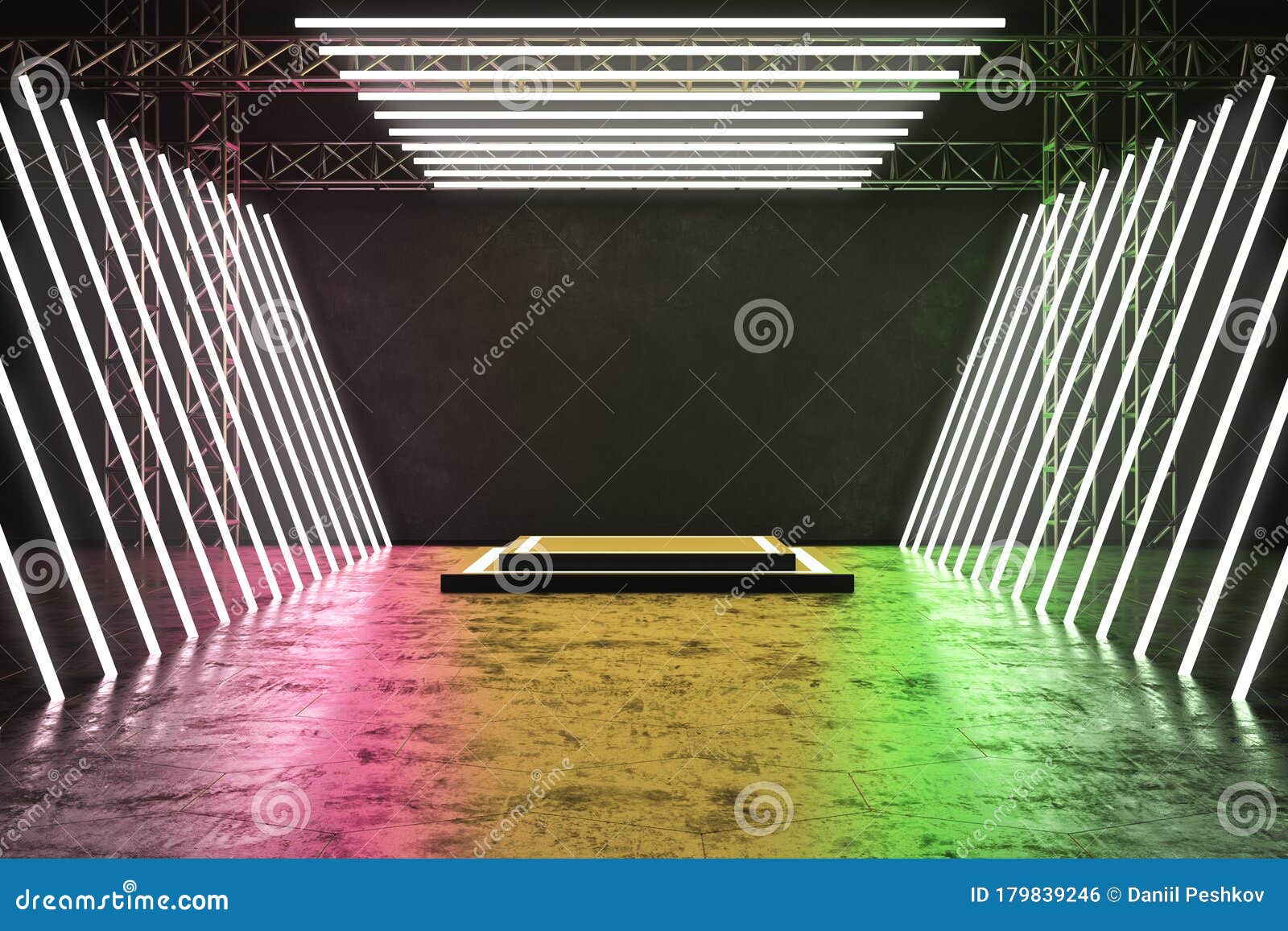 Futuristic Interior with Luminous Rectangle Corridor and Podium Stock ...