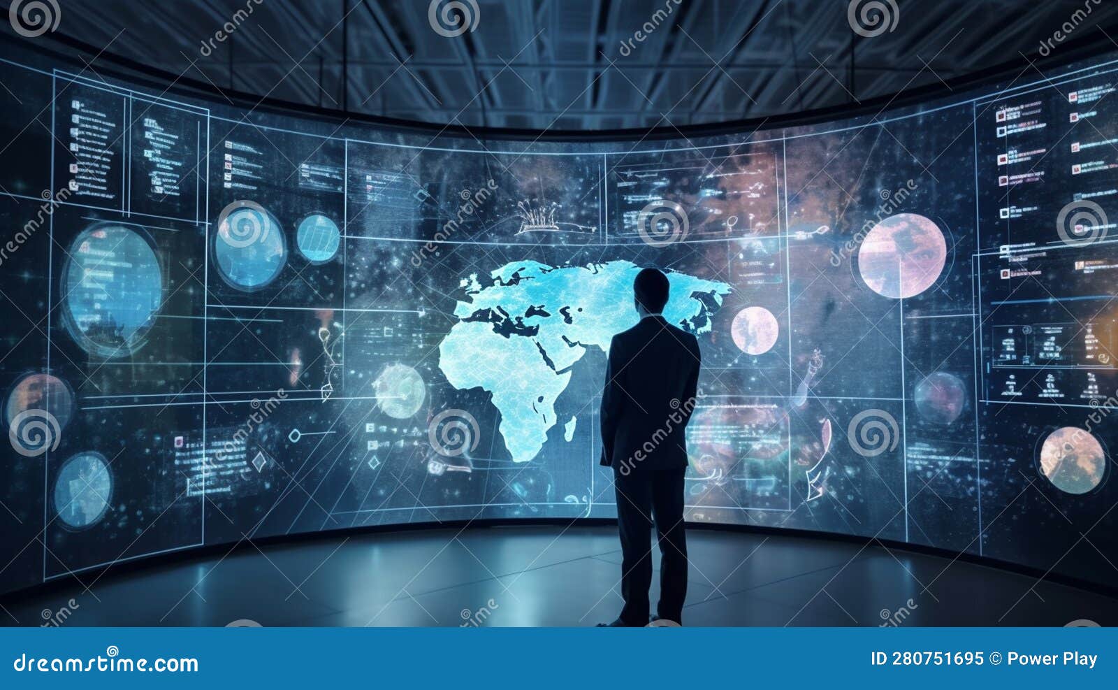 Futuristic Interior of Modern Conference Room with World Map on Screen ...