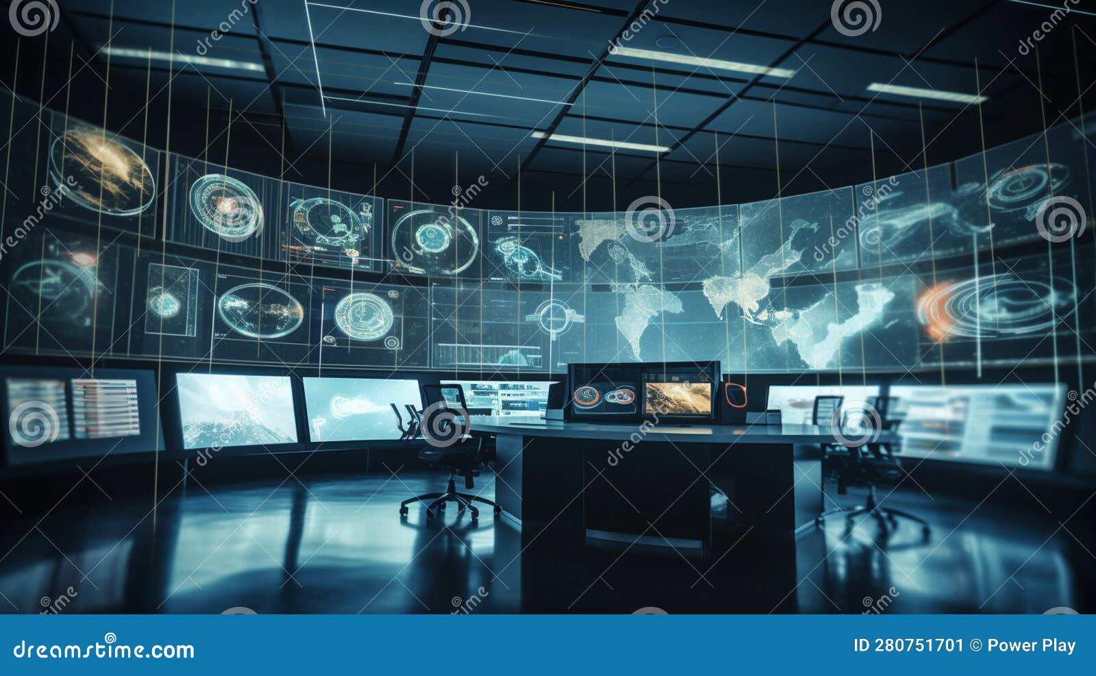 Futuristic Interior of Modern Conference Room with World Map on Screen ...