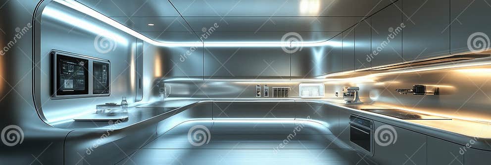 Futuristic Interior with Streamlined Metallic Surfaces, Touch-screen ...
