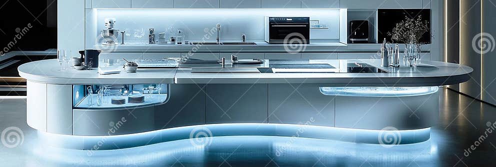 Futuristic Interior with Streamlined Metallic Surfaces, Touch-screen ...