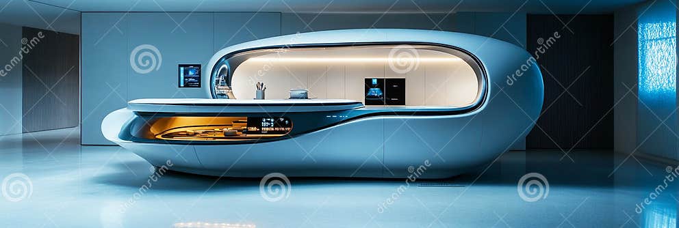 Futuristic Interior with Streamlined Metallic Surfaces, Touch-screen ...