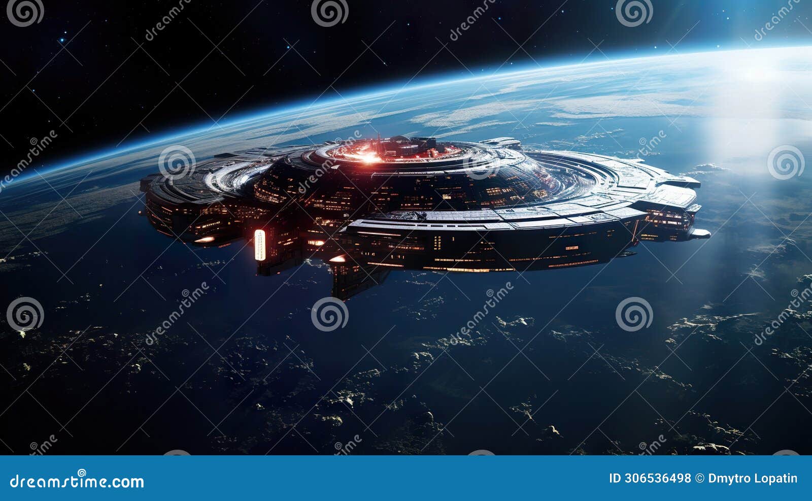 Futuristic Interstellar Space Station on Planet Orbit, Spaceship ...