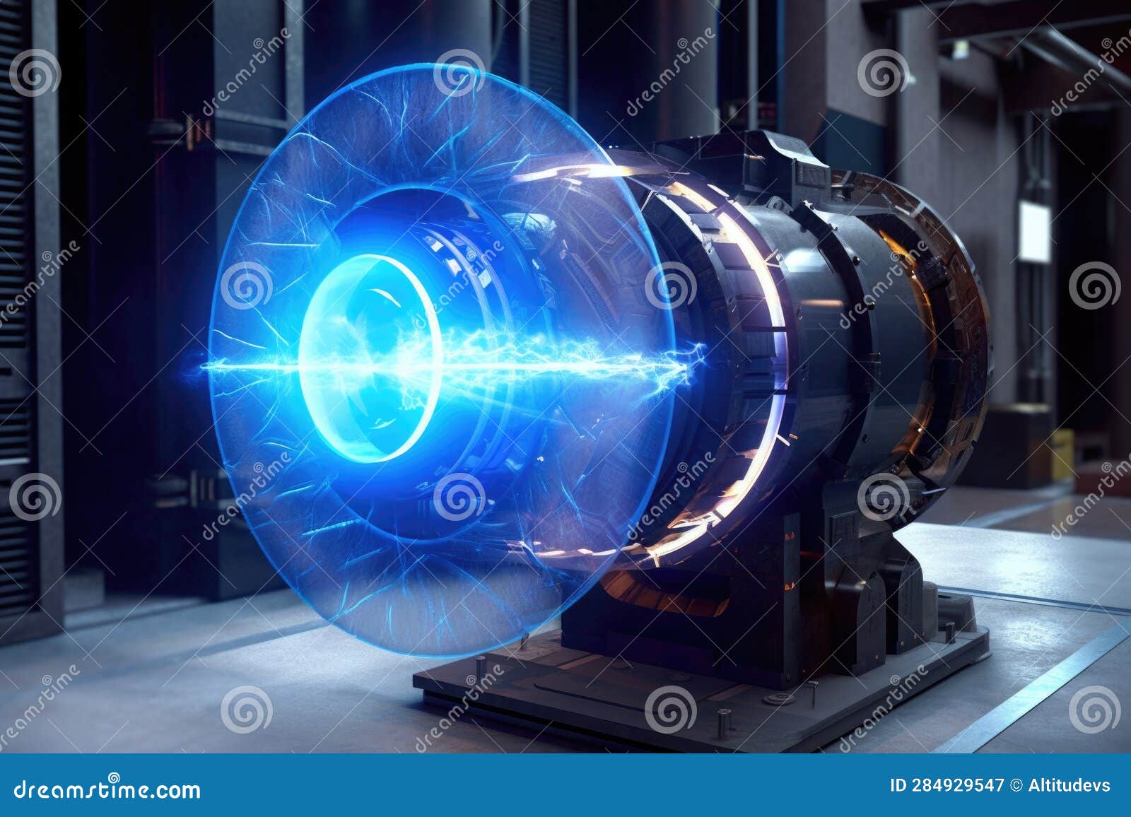 Futuristic Ion Thruster Engine Emitting Blue Plasma Stock Illustration ...