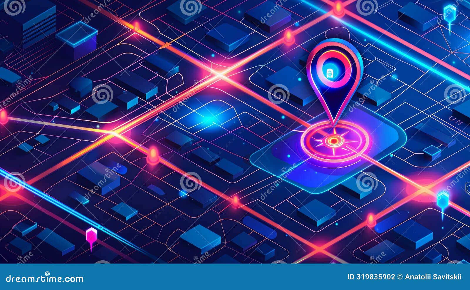 A Futuristic Isometric GPS Tracking Map with a Colorful Light Shining ...