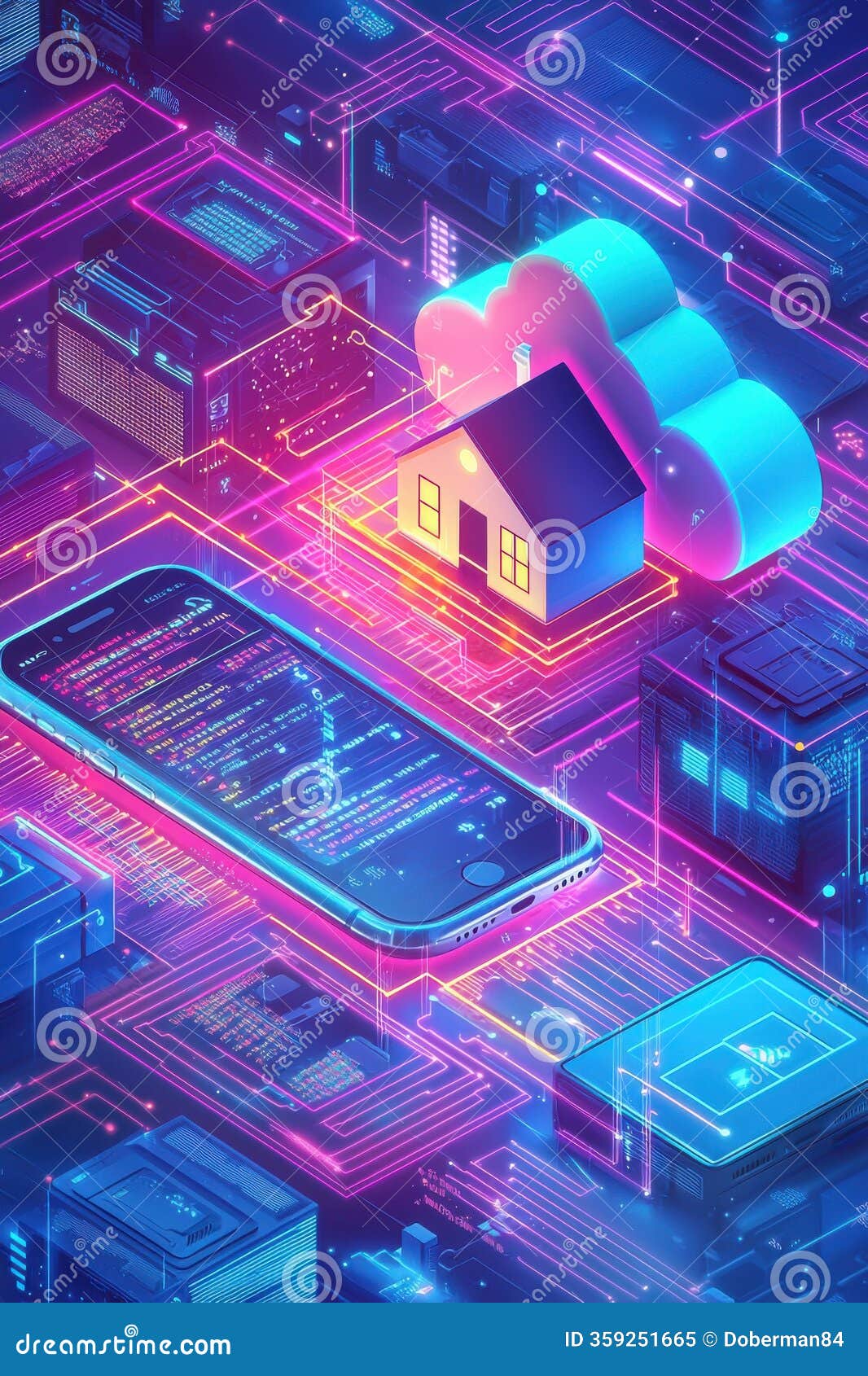 Futuristic Isometric Illustration of Cloud Computing and Smart Home ...