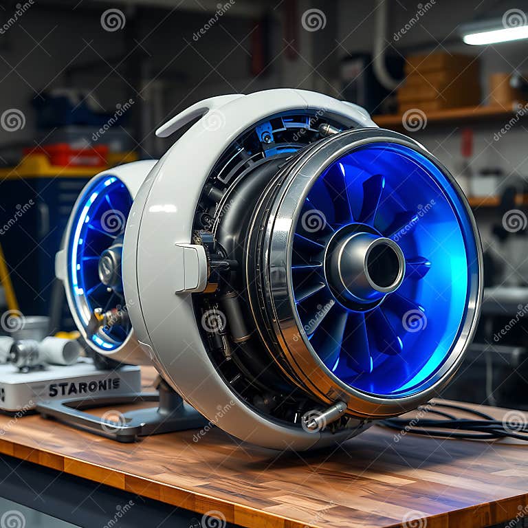 A Futuristic Jet Engine with Glowing Blue Lights Resting on a Workbench ...