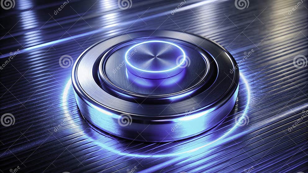 Futuristic 8K Render Glowing Blue Reset Button on a Reflective Metallic ...