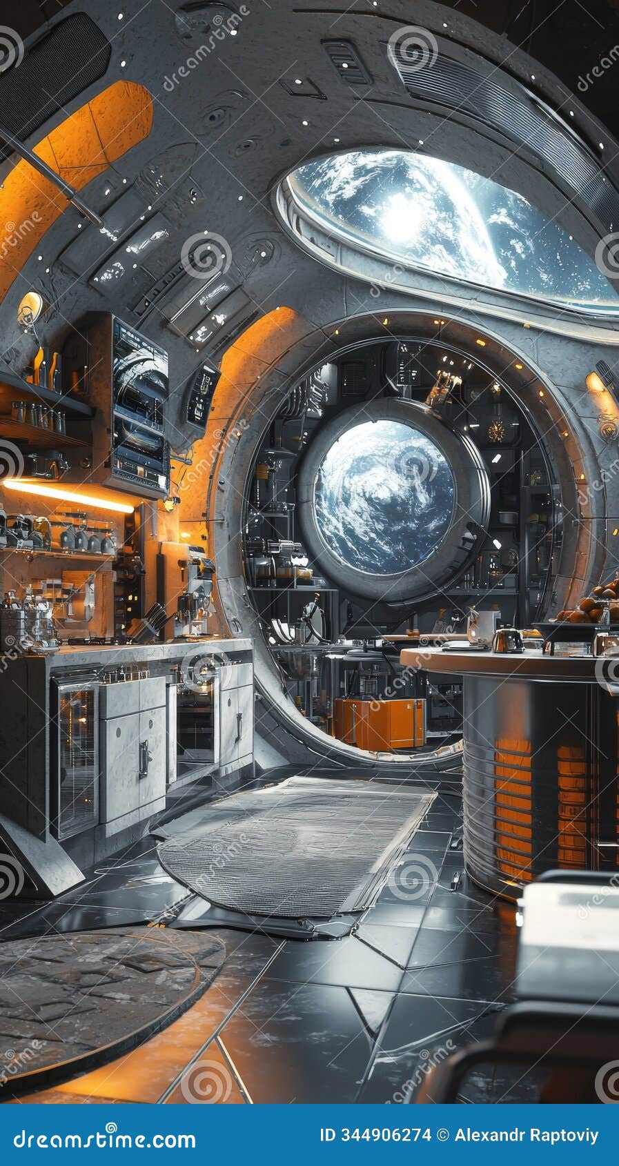 A Futuristic Kitchen Aboard a Space Station with a Stunning View of ...