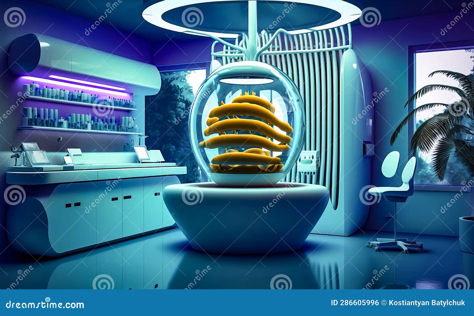 Futuristic Kitchen with Blue Lighting and Large Bowl of Food on the ...