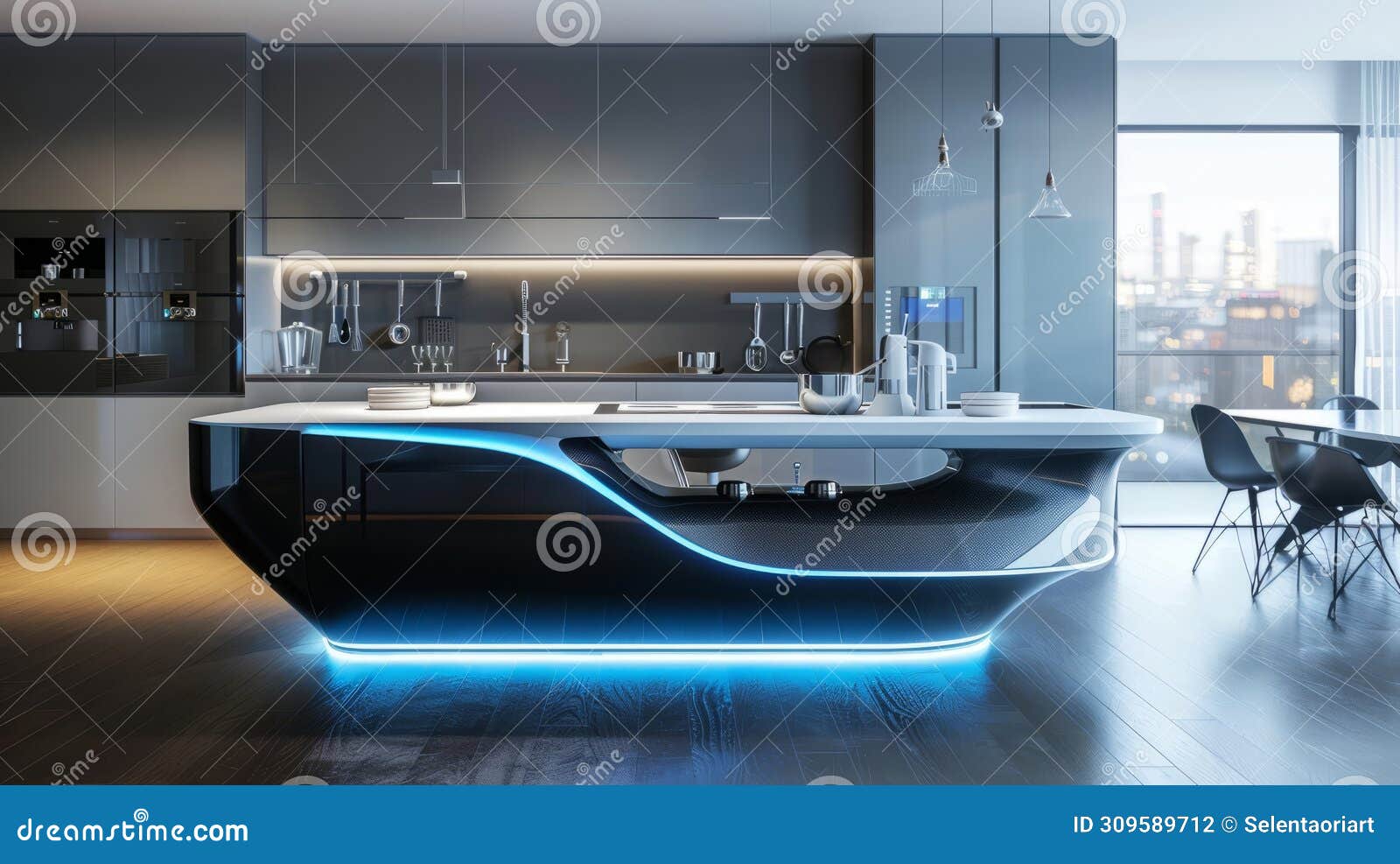 Futuristic Kitchen Island with Smart Surface Stock Illustration ...