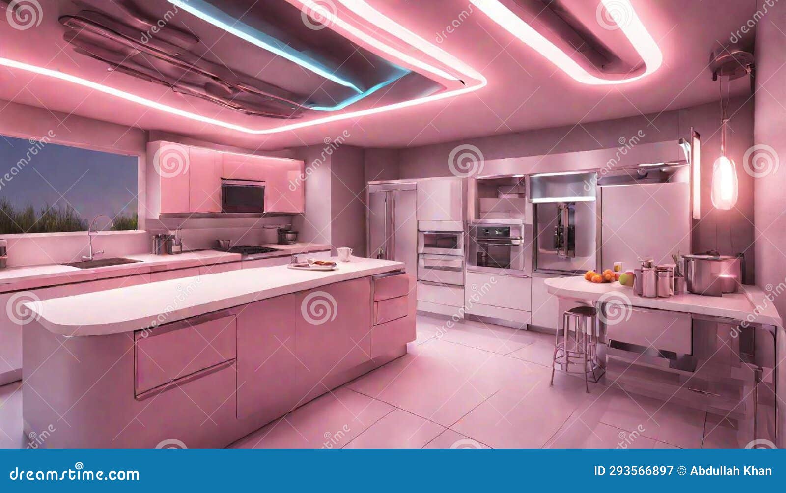 A Futuristic Kitchen with Neon Lights Embedded in the Ceiling, Casting ...