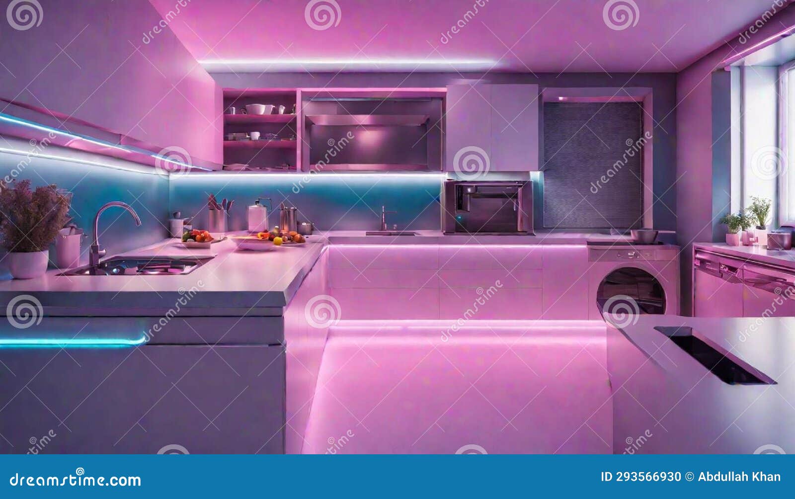 A Futuristic Kitchen with Neon Lights Embedded in the Ceiling, Casting ...