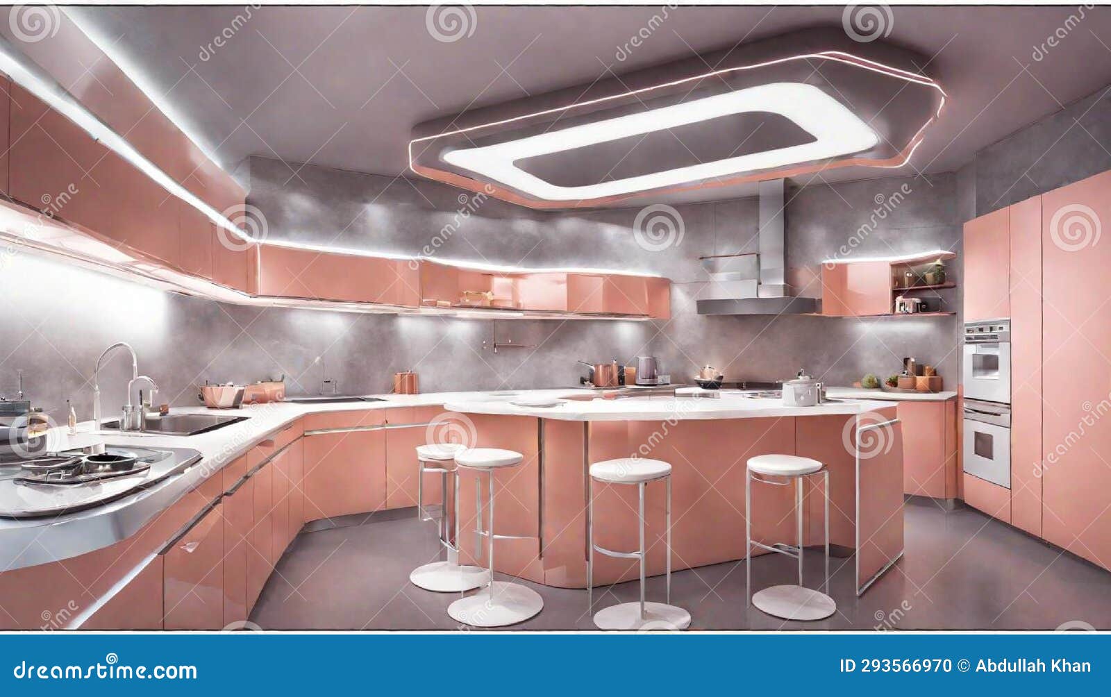 A Futuristic Kitchen with Neon Lights Embedded in the Ceiling, Casting ...