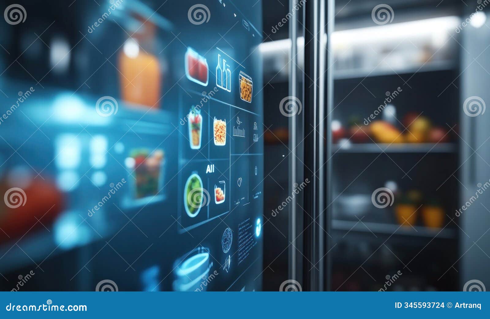 Smart Fridge with Holographic Display Interface Stock Photo - Image of ...