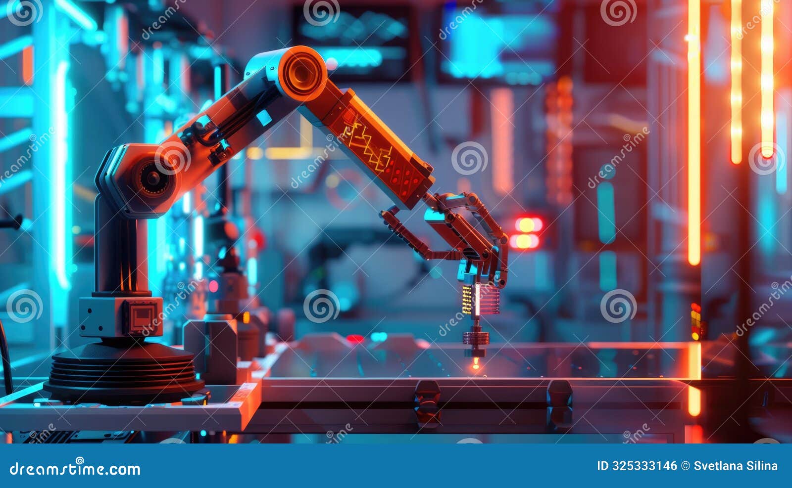 Futuristic Lab Environment With Neon Lights, Featuring A Robotic Arm ...