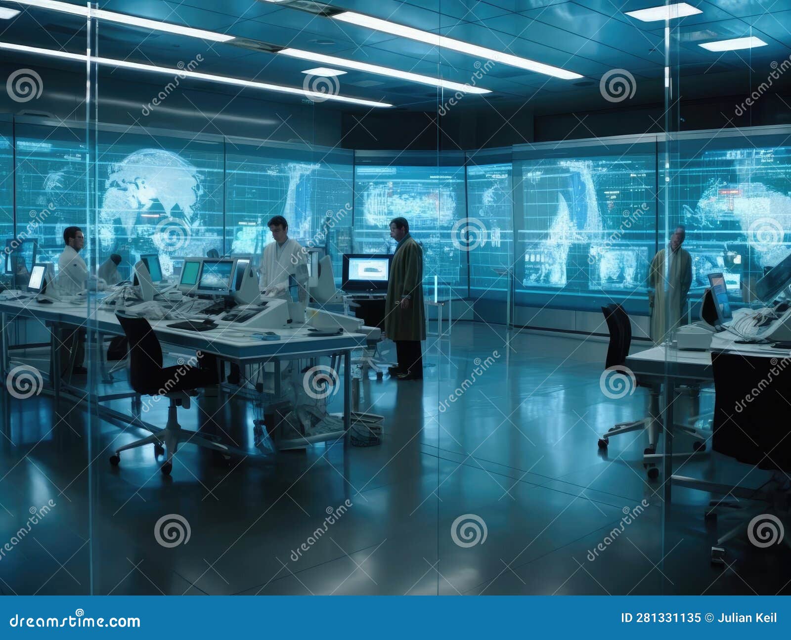 Futuristic Lab People Analyzing Holographic Data Stock Illustration ...