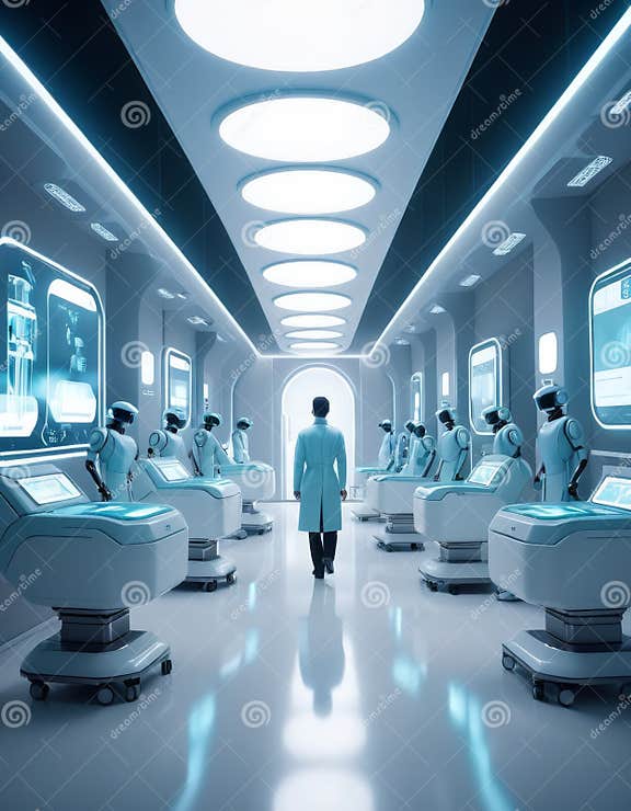 Futuristic Lab with Robots and Scientist in White Coat Stock ...