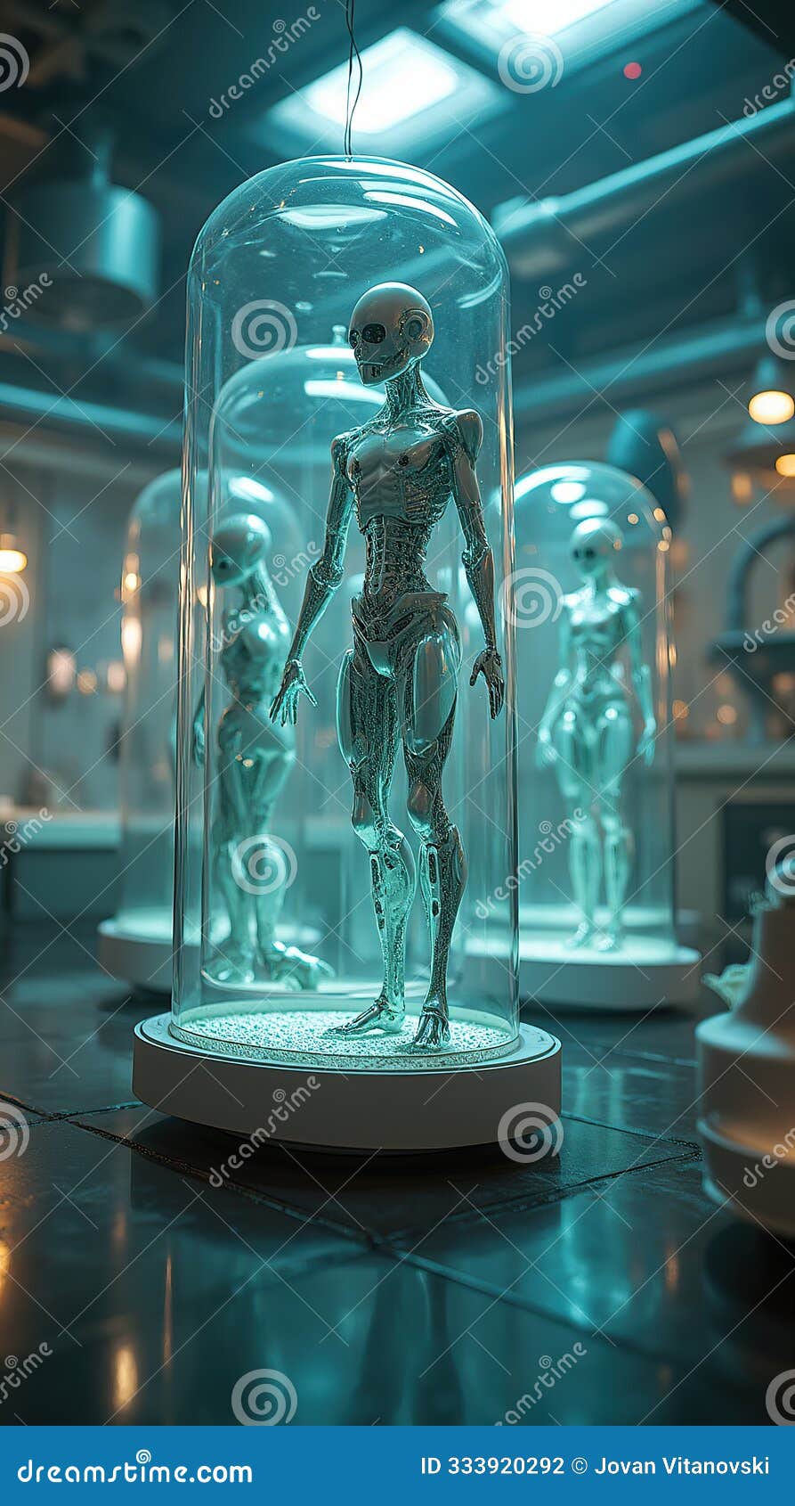 Futuristic Alien Laboratory with Humanoid Figures in Glass Containers Stock Illustration ...