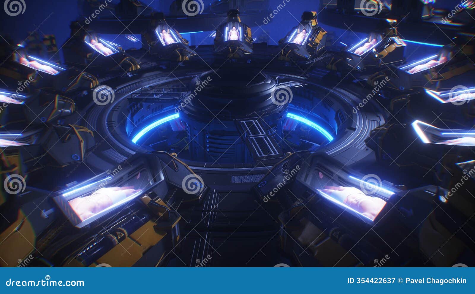 Futuristic Laboratory with Cryocapsules with Sleeping Peoples. Cryo ...