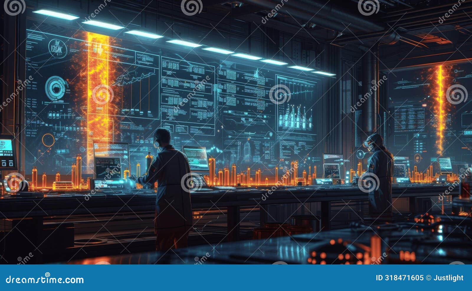 A Futuristic Laboratory is Depicted with Scientists Studying Complex ...