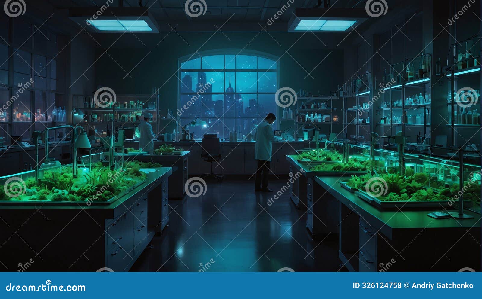 A Futuristic Laboratory with Scientists Working at Night on Genetically ...