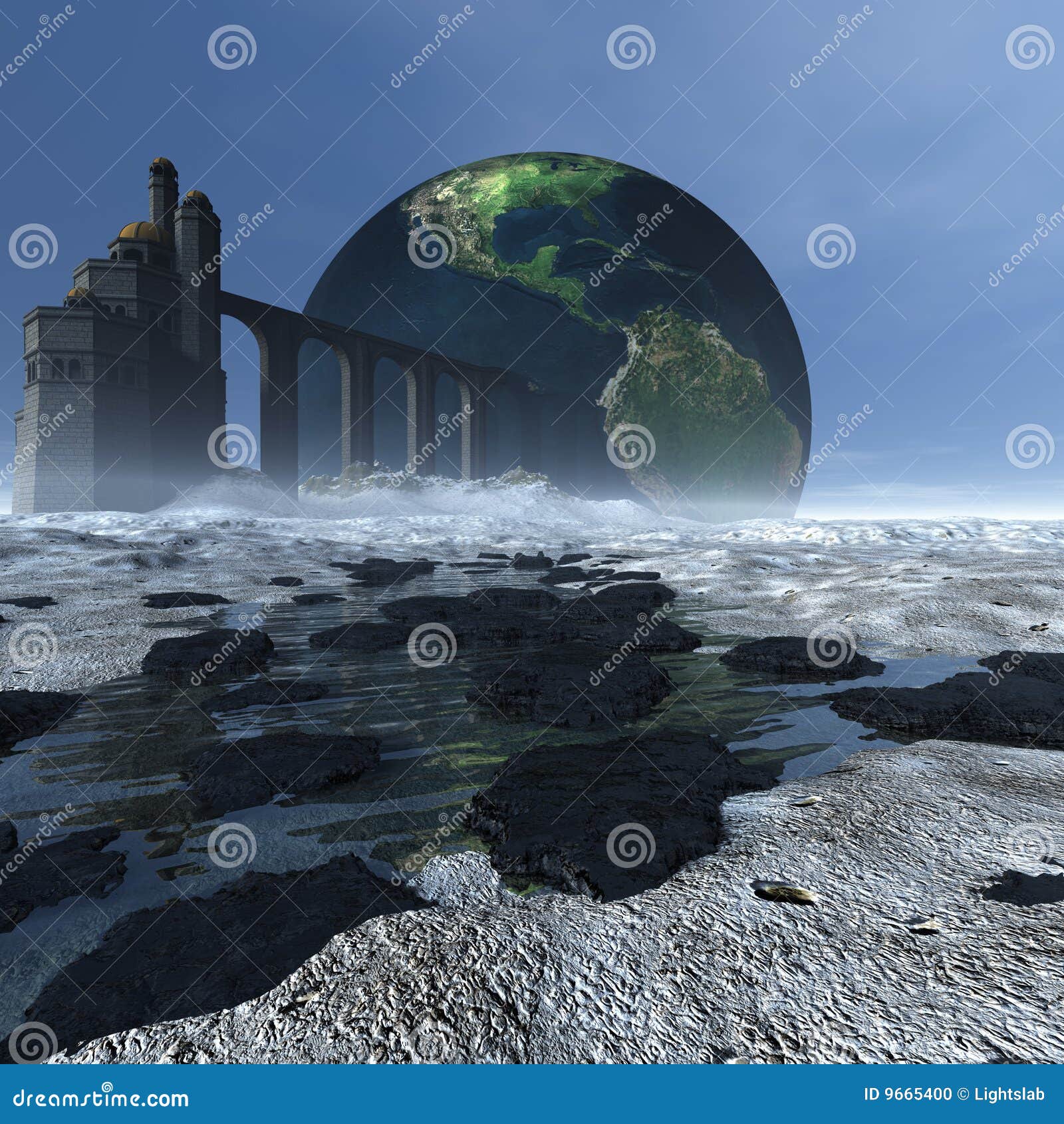 Futuristic Landscape With An Encapsulated City On Rocky Ground ...