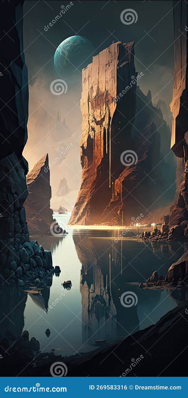 Futuristic Landscape with Cliffs and Water Illustration Design Art ...