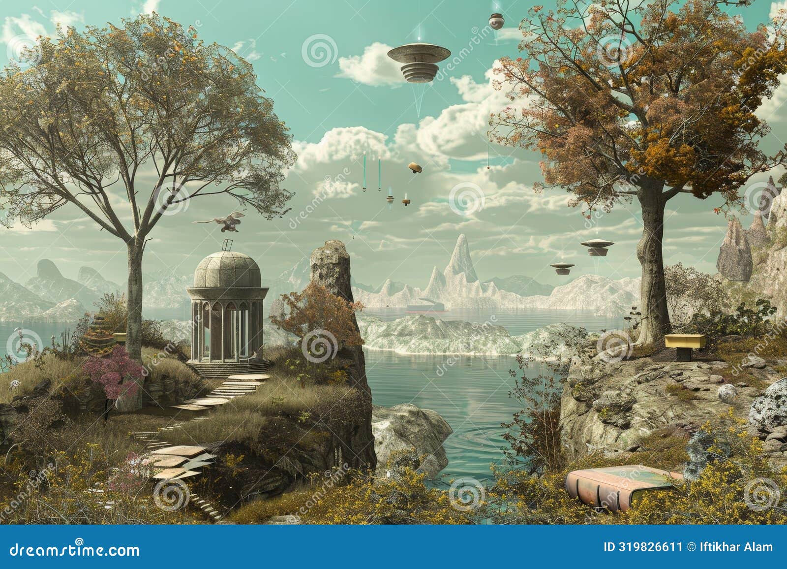 A Futuristic Landscape Featuring Trees and a Lake, Depicting the ...