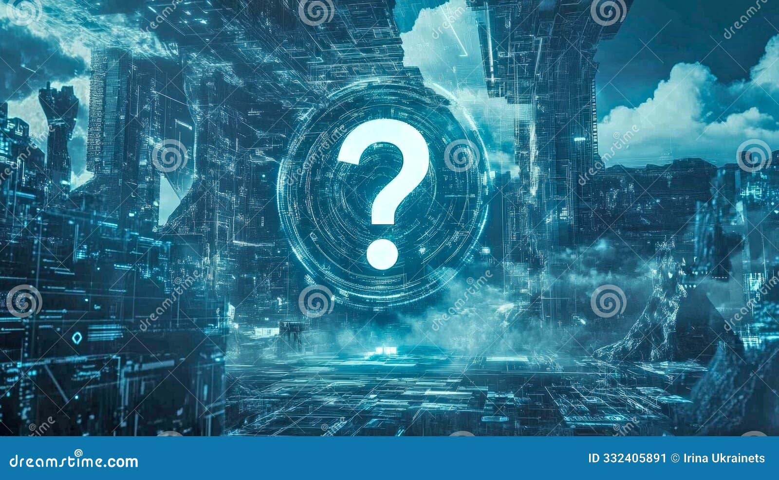A Futuristic Landscape with a Glowing Question Mark at Its Center. the ...