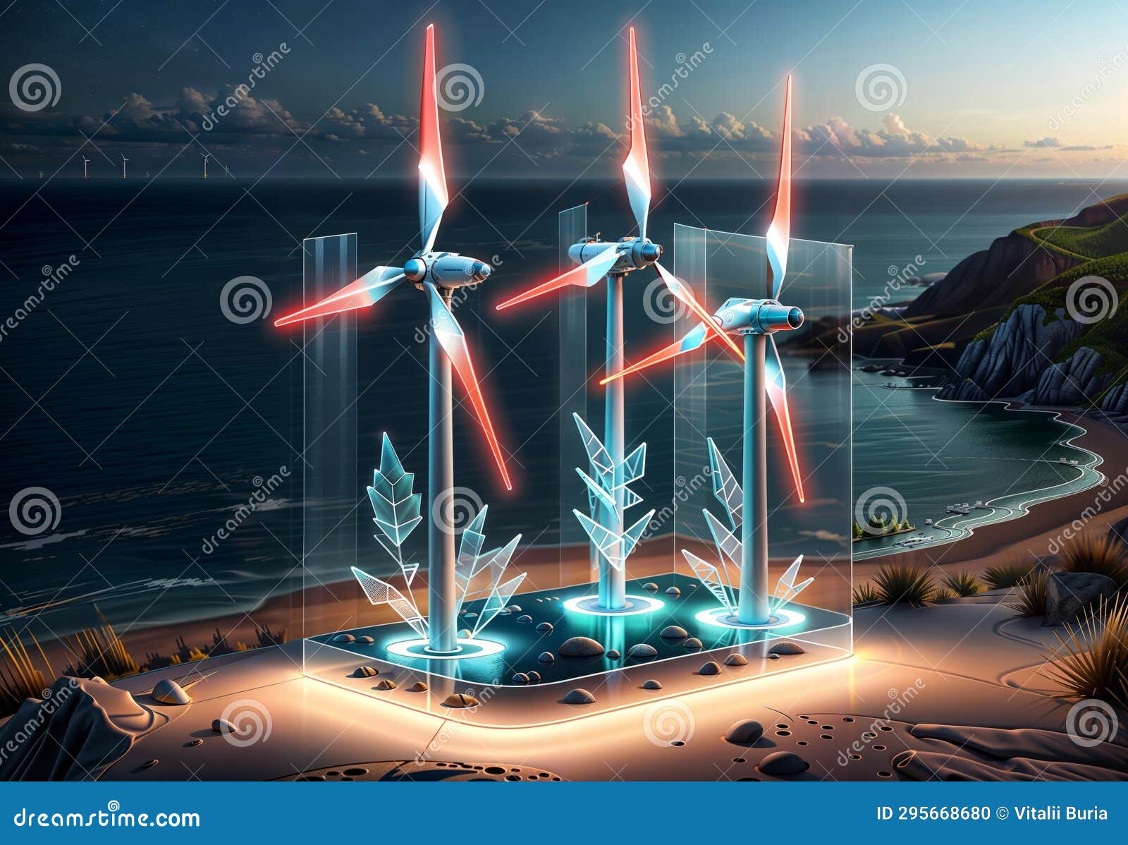 Futuristic Landscape with Wind Turbines and Solar Panels. 3d Rendering ...