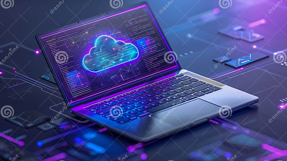 Futuristic Laptop with Cloud Computing Interface Stock Illustration - Illustration of smart ...