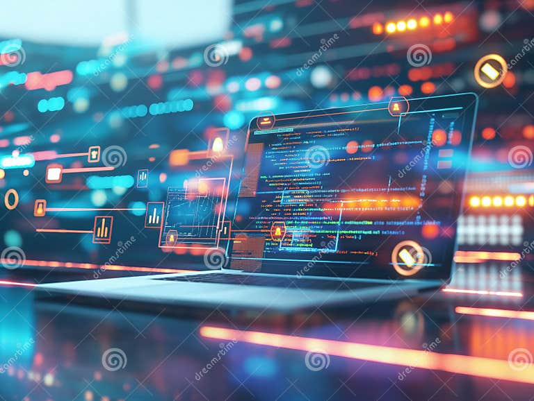 Futuristic Laptop with Code and Data Visualizations Stock Photo - Image ...