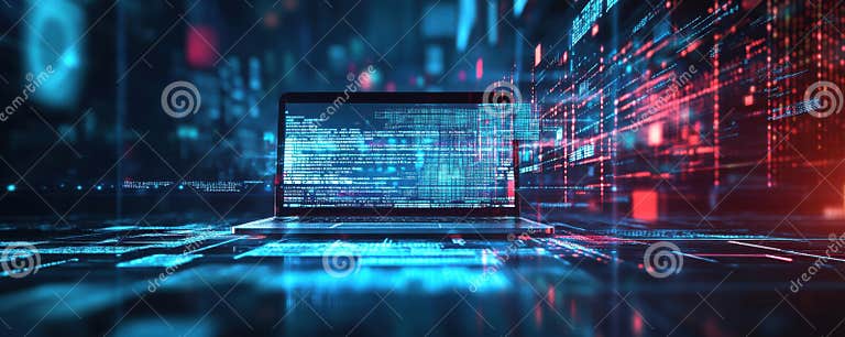 Futuristic Laptop with Code and Data Visualizations in Neon Glow ...