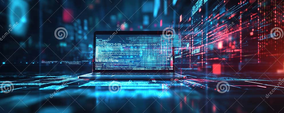 Futuristic Laptop with Code and Data Visualizations in Neon Glow ...