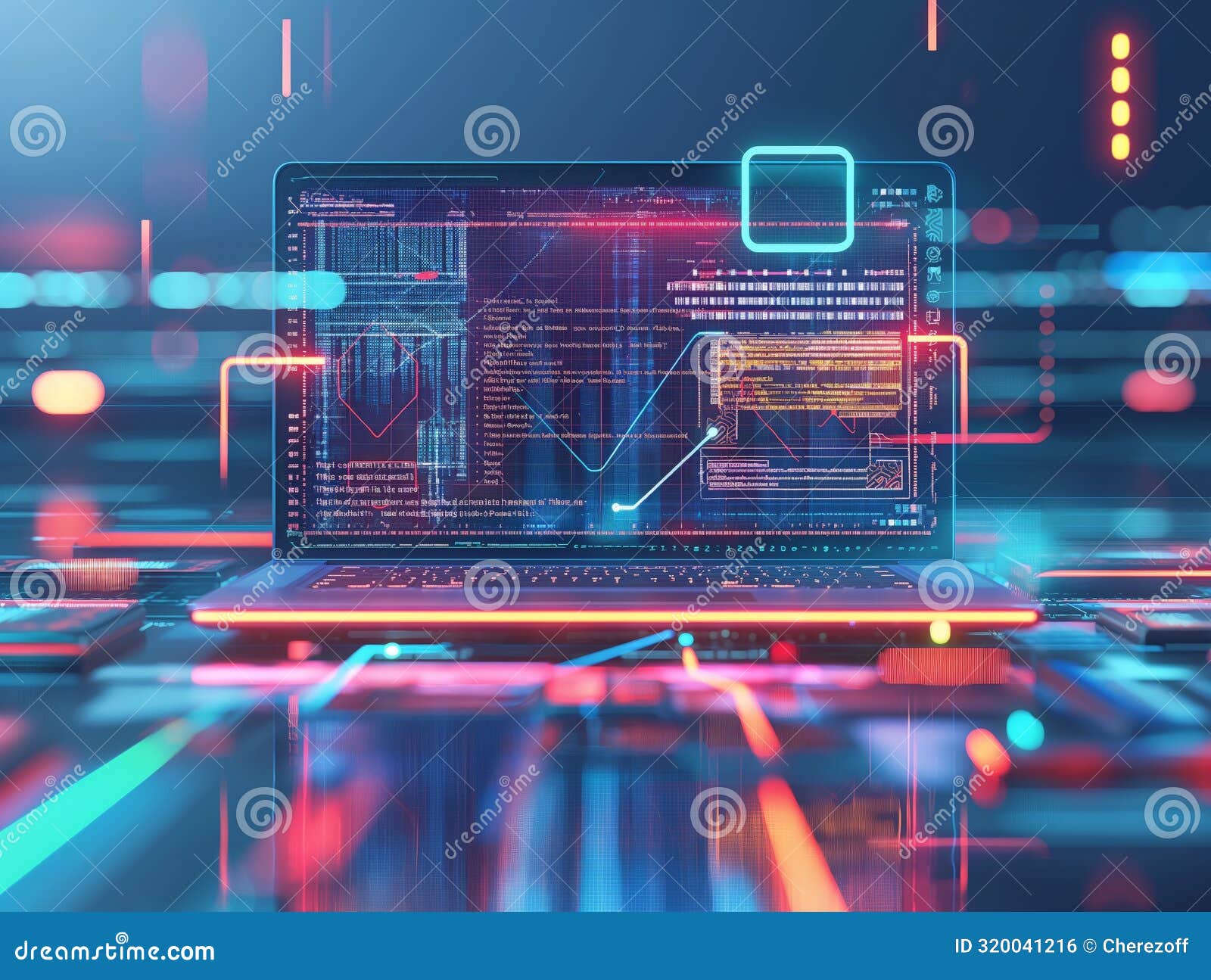 Futuristic Laptop with Data Visualization Stock Photo - Image of lights ...