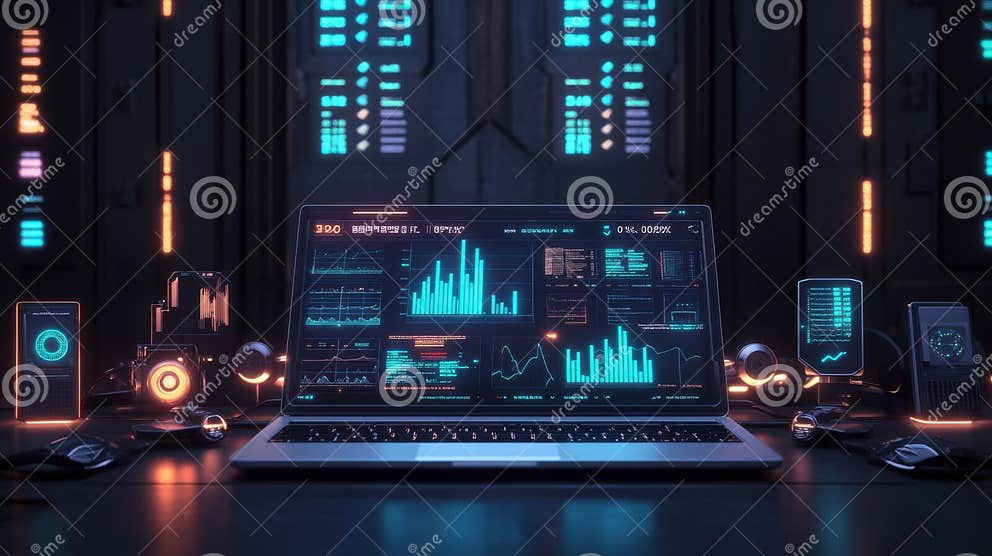 Futuristic Laptop with Data Visualization in a Tech-Driven Setting ...