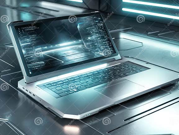 Futuristic Laptop with Digital Interface on a High-Tech Surface ...