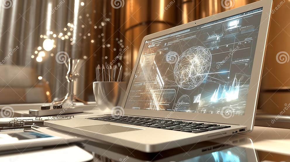 Futuristic Laptop Display with Holographic Data Visualization Stock ...
