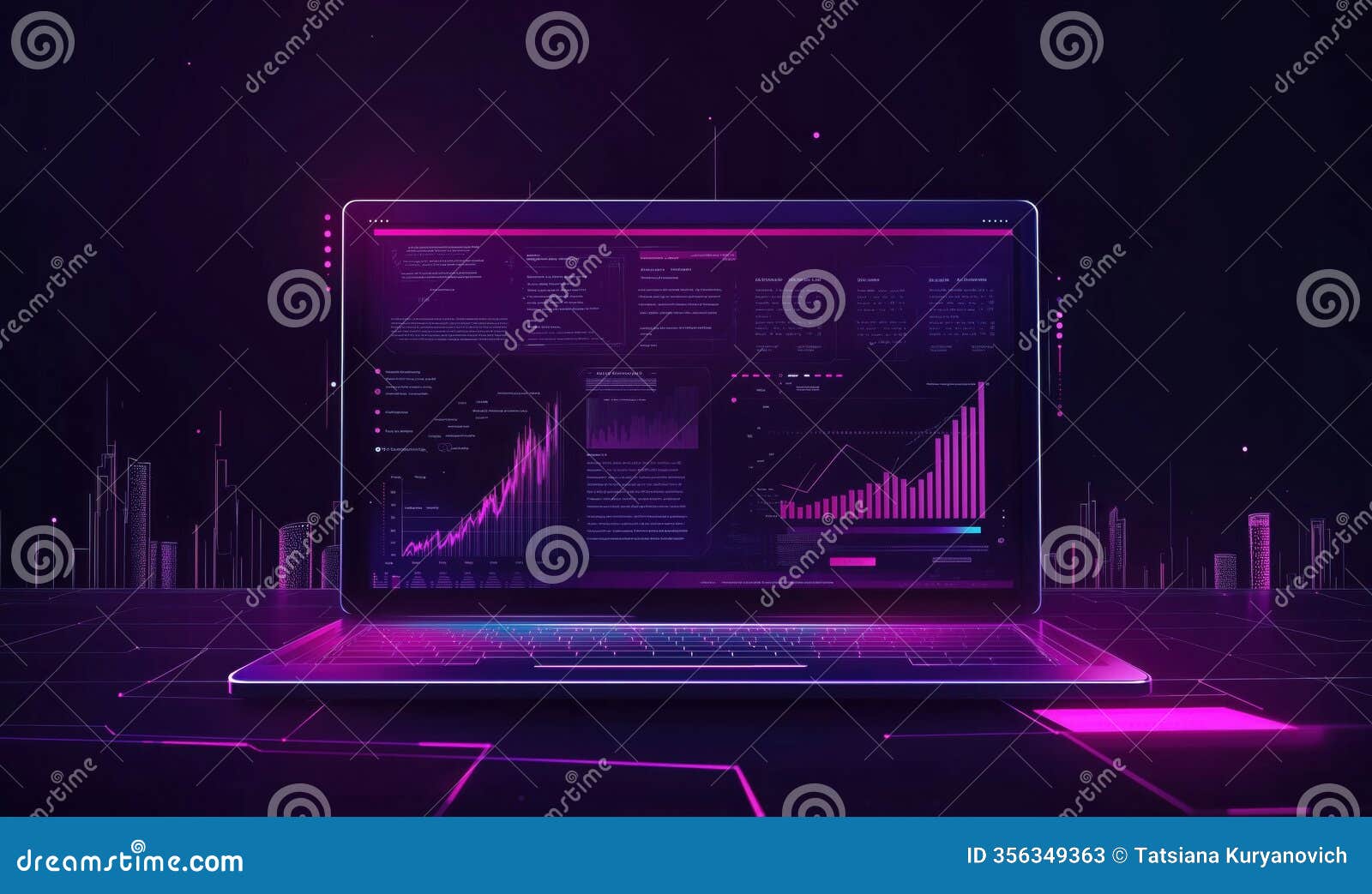 Futuristic Laptop Displaying Data Analytics, Vibrant Purple and Pink ...