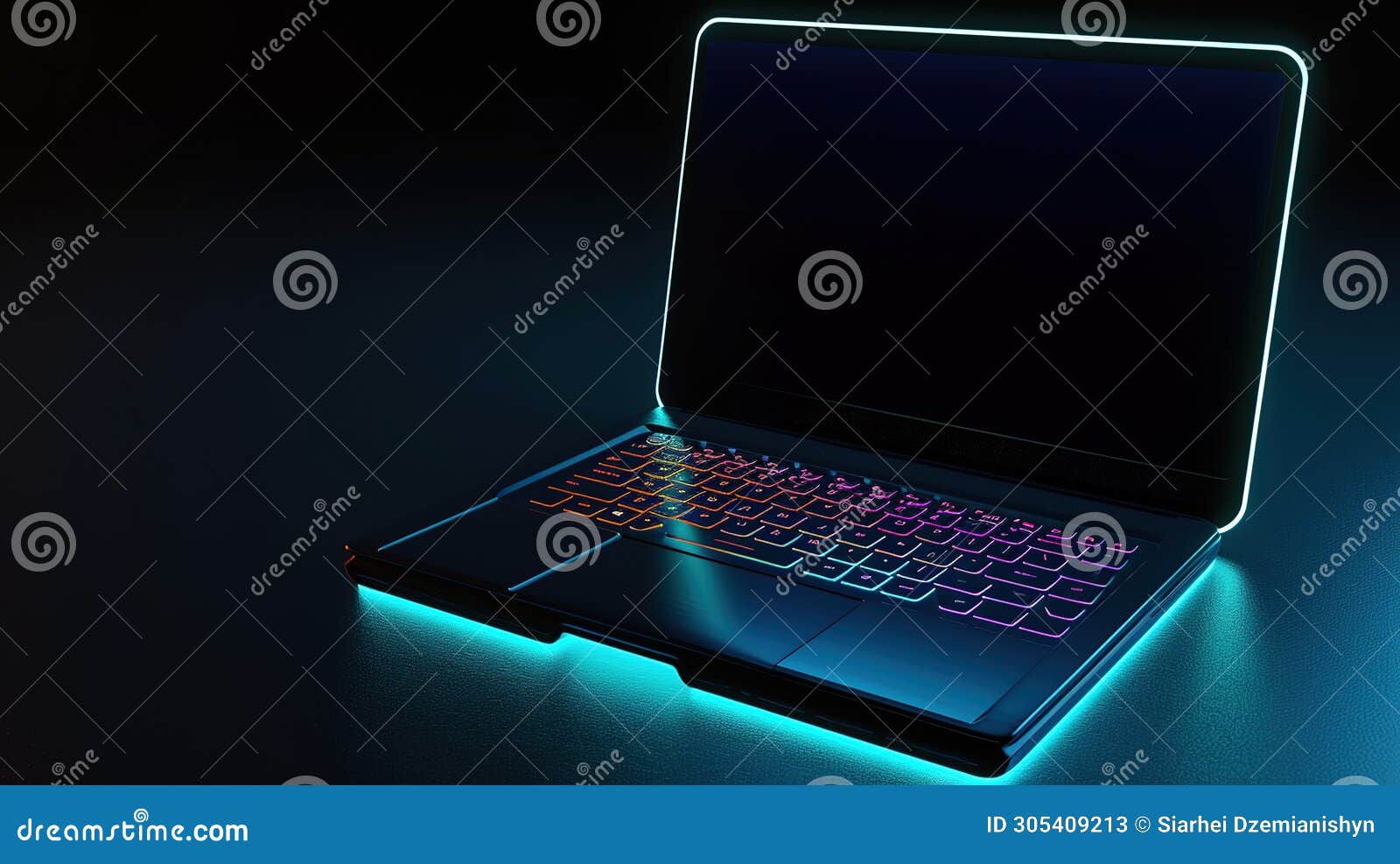 Futuristic Laptop with Neon Blue and Green Backlight, Hi-tech Device in ...