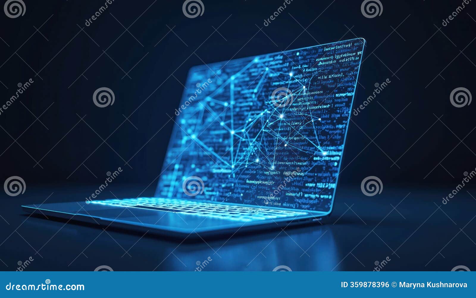Futuristic Laptop Screen Shows Abstract Blue Geometric Design with ...
