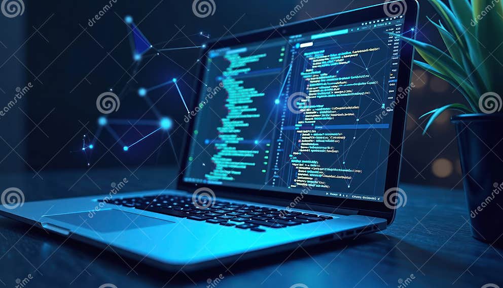 Futuristic Laptop Screen Shows Complex Coding. Blue Geometric Design ...