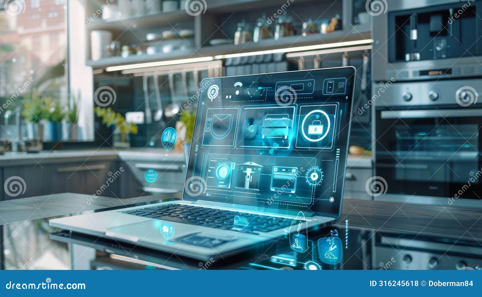 Futuristic Laptop with Smart Home Control Interface Displayed on Screen ...