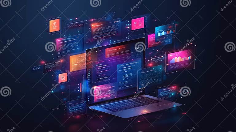 Futuristic Laptop with Vibrant Holographic Code and Data Visuals Stock Illustration ...
